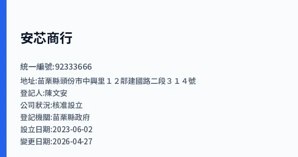 安芯商行的照片-統編 92333666(苗栗縣) 公司登記資料與營業項目詳細圖表