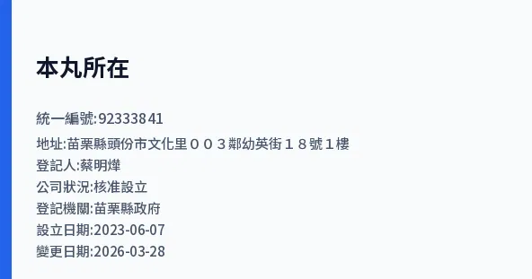 本丸所在的照片-統編 92333841(苗栗縣) 公司登記資料與營業項目詳細圖表