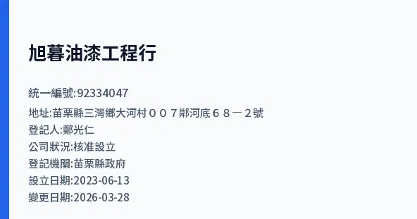 旭暮油漆工程行的照片-統編 92334047(苗栗縣) 公司登記資料與營業項目詳細圖表