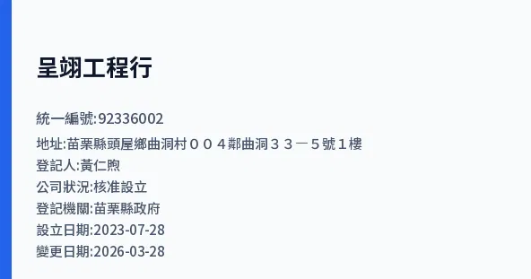 呈翊工程行的照片-統編 92336002(苗栗縣) 公司登記資料與營業項目詳細圖表