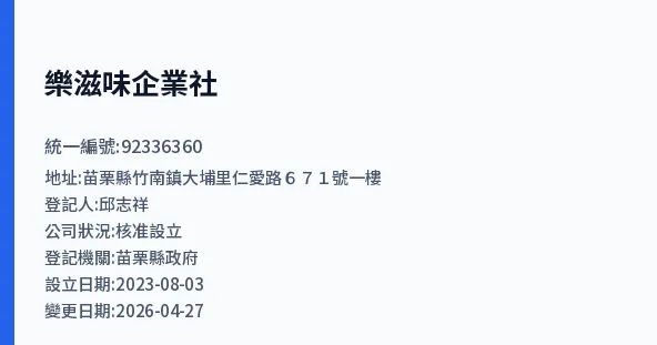 樂滋味企業社的照片-統編 92336360(苗栗縣) 公司登記資料與營業項目詳細圖表