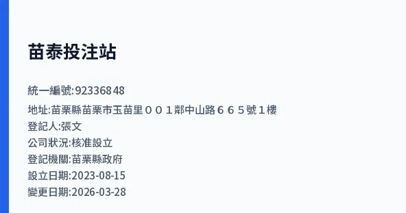 苗泰投注站的照片-統編 92336848(苗栗縣) 公司登記資料與營業項目詳細圖表