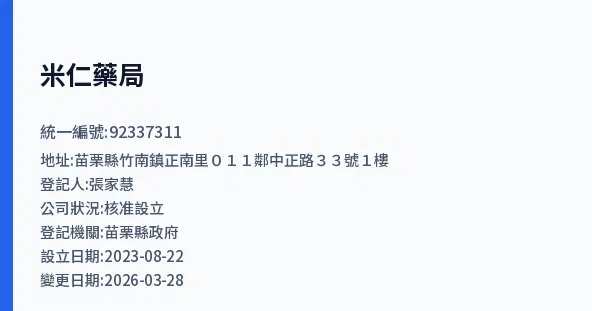 米仁藥局的照片-統編 92337311(苗栗縣) 公司登記資料與營業項目詳細圖表