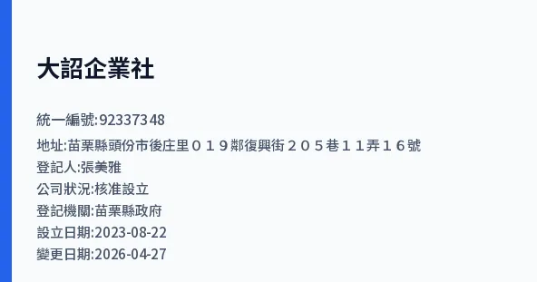 大詔企業社的照片-統編 92337348(苗栗縣) 公司登記資料與營業項目詳細圖表