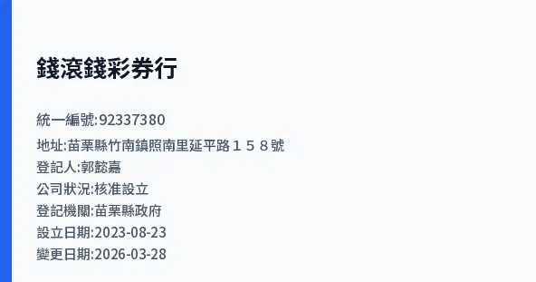 錢滾錢彩券行的照片-統編 92337380(苗栗縣) 公司登記資料與營業項目詳細圖表
