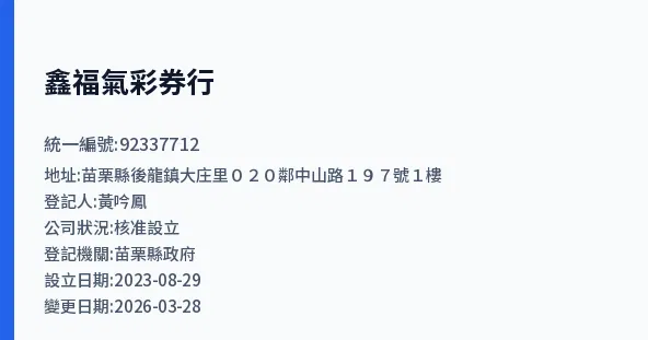 鑫福氣彩券行的照片-統編 92337712(苗栗縣) 公司登記資料與營業項目詳細圖表