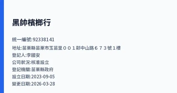 黑帥檳榔行的照片-統編 92338141(苗栗縣) 公司登記資料與營業項目詳細圖表