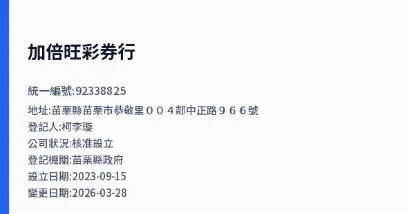 加倍旺彩券行的照片-統編 92338825(苗栗縣) 公司登記資料與營業項目詳細圖表