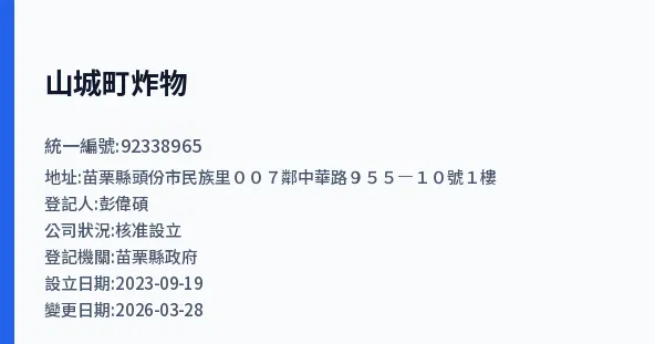 山城町炸物的照片-統編 92338965(苗栗縣) 公司登記資料與營業項目詳細圖表