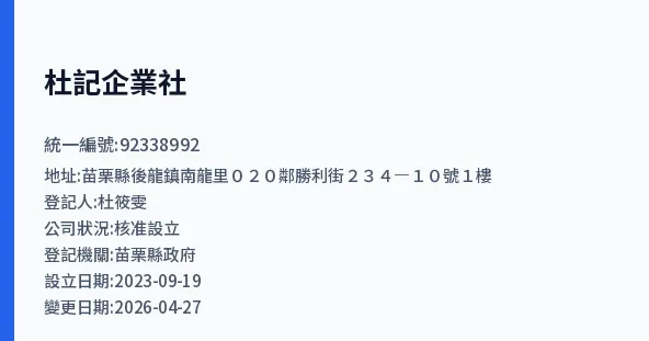 杜記企業社的照片-統編 92338992(苗栗縣) 公司登記資料與營業項目詳細圖表