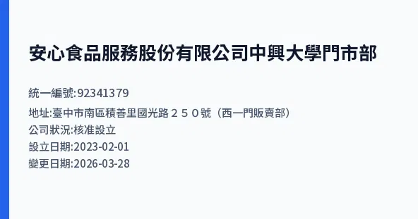 安心食品服務股份有限公司中興大學門市部的照片-統編 92341379(臺中市) 公司登記資料與營業項目詳細圖表