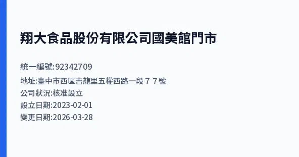 翔大食品股份有限公司國美館門市的照片-統編 92342709(臺中市) 公司登記資料與營業項目詳細圖表