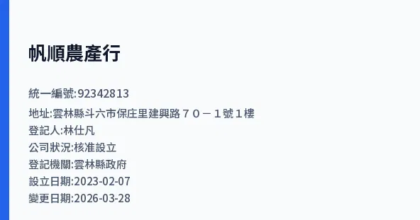 帆順農產行的照片-統編 92342813(雲林縣) 公司登記資料與營業項目詳細圖表