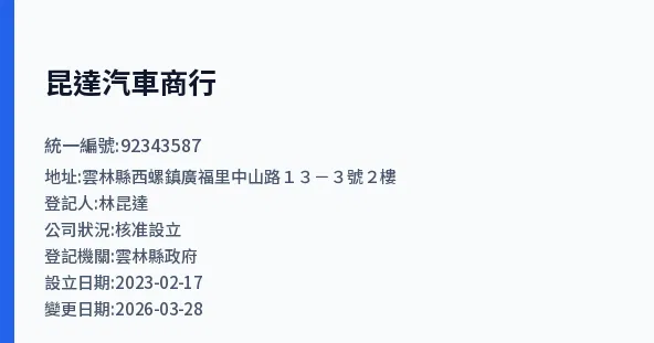 昆達汽車商行的照片-統編 92343587(雲林縣) 公司登記資料與營業項目詳細圖表
