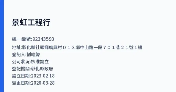 景虹工程行的照片-統編 92343593(彰化縣) 公司登記資料與營業項目詳細圖表