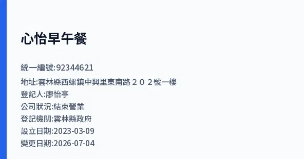 心怡早午餐的照片-統編 92344621(雲林縣) 公司登記資料與營業項目詳細圖表