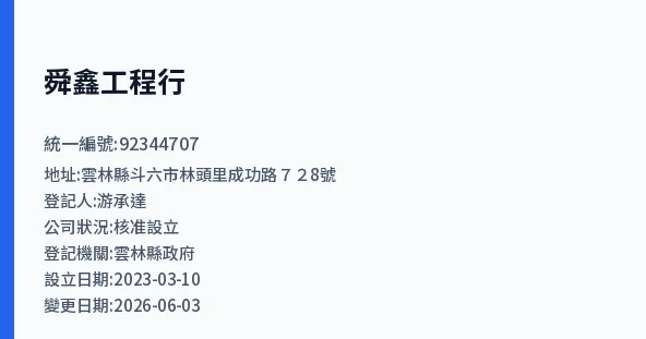 舜鑫工程行的照片-統編 92344707(雲林縣) 公司登記資料與營業項目詳細圖表