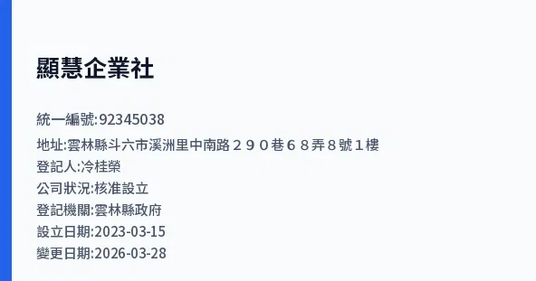 顯慧企業社的照片-統編 92345038(雲林縣) 公司登記資料與營業項目詳細圖表
