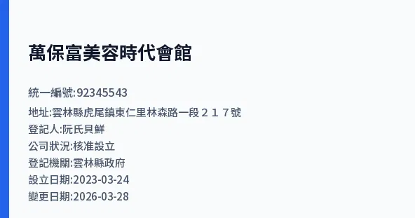 萬保富美容時代會館的照片-統編 92345543(雲林縣) 公司登記資料與營業項目詳細圖表