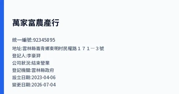 萬家富農產行的照片-統編 92345895(雲林縣) 公司登記資料與營業項目詳細圖表