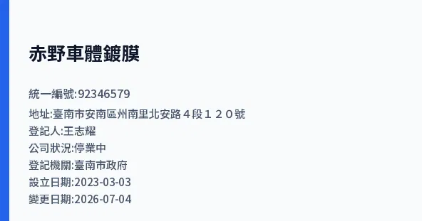 赤野車體鍍膜的照片-統編 92346579(臺南市) 公司登記資料與營業項目詳細圖表