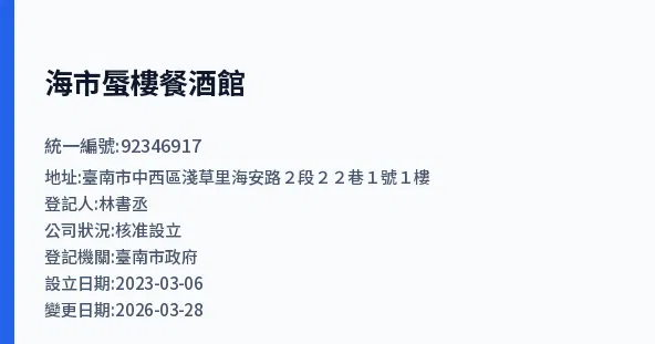 海市蜃樓餐酒館的照片-統編 92346917(臺南市) 公司登記資料與營業項目詳細圖表