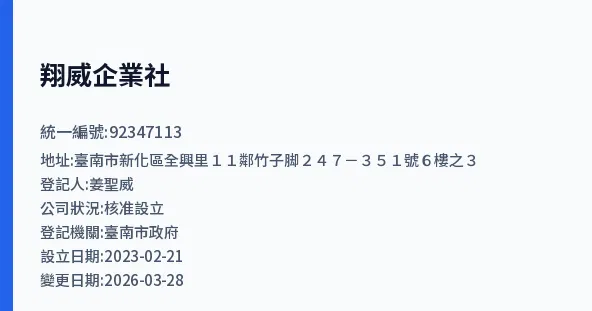 翔威企業社的照片-統編 92347113(臺南市) 公司登記資料與營業項目詳細圖表