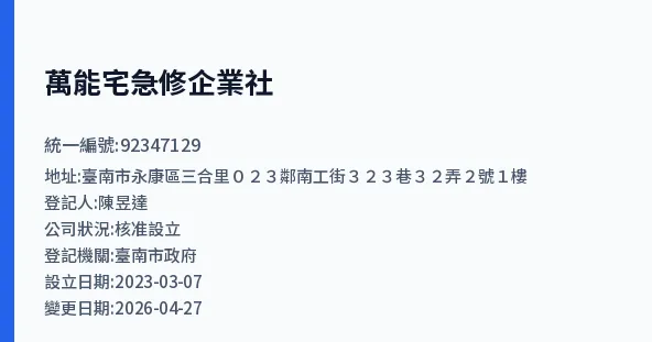 萬能宅急修企業社的照片-統編 92347129(臺南市) 公司登記資料與營業項目詳細圖表