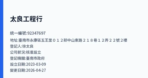 太良工程行的照片-統編 92347697(臺南市) 公司登記資料與營業項目詳細圖表
