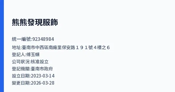 熊熊發現服飾的照片-統編 92348984(臺南市) 公司登記資料與營業項目詳細圖表