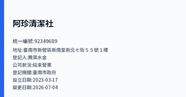 阿珍清潔社的照片-統編 92349689(臺南市) 公司登記資料與營業項目詳細圖表
