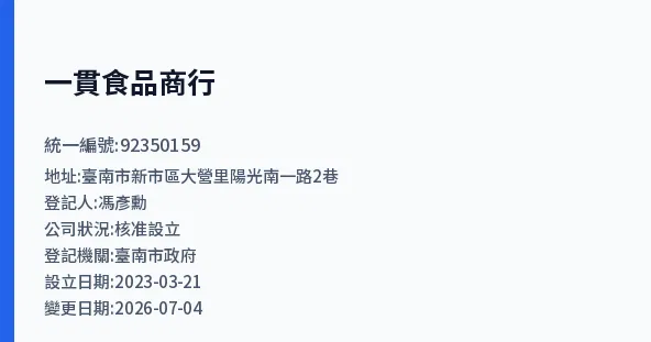 一貫食品商行的照片-統編 92350159(臺南市) 公司登記資料與營業項目詳細圖表