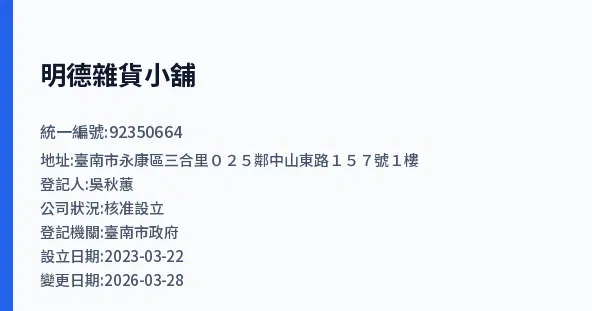 明德雜貨小舖的照片-統編 92350664(臺南市) 公司登記資料與營業項目詳細圖表