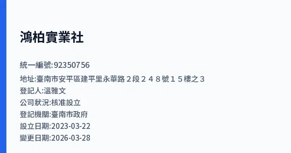鴻柏實業社的照片-統編 92350756(臺南市) 公司登記資料與營業項目詳細圖表