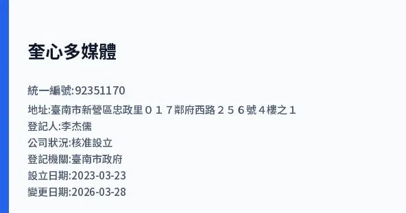 奎心多媒體的照片-統編 92351170(臺南市) 公司登記資料與營業項目詳細圖表