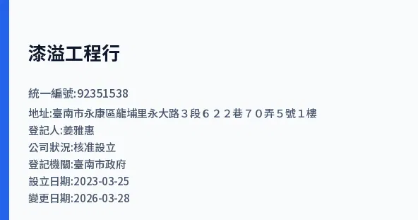 漆溢工程行的照片-統編 92351538(臺南市) 公司登記資料與營業項目詳細圖表