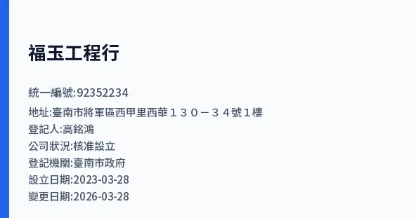 福玉工程行的照片-統編 92352234(臺南市) 公司登記資料與營業項目詳細圖表