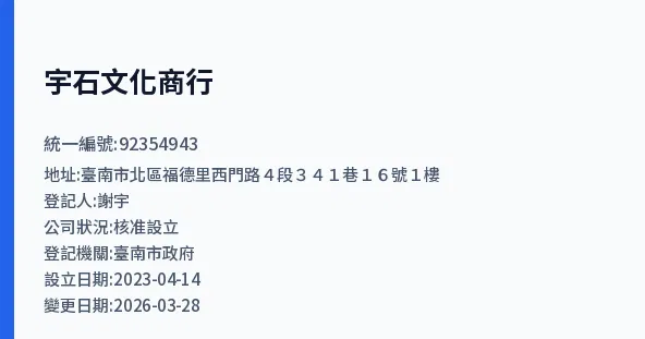 宇石文化商行的照片-統編 92354943(臺南市) 公司登記資料與營業項目詳細圖表