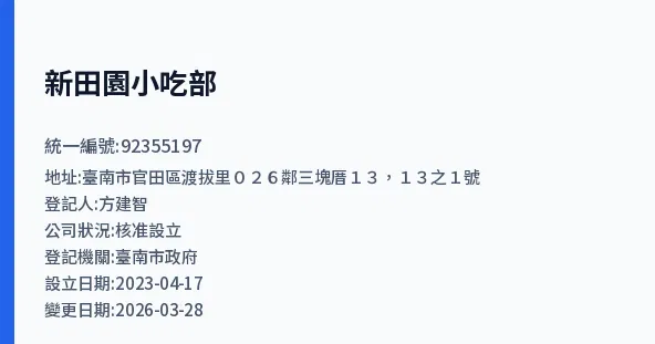 新田園小吃部的照片-統編 92355197(臺南市) 公司登記資料與營業項目詳細圖表