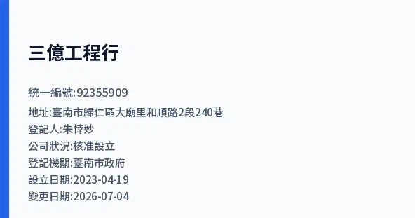 三億工程行的照片-統編 92355909(臺南市) 公司登記資料與營業項目詳細圖表