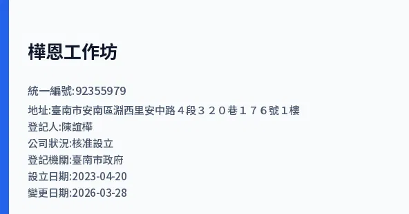 樺恩工作坊的照片-統編 92355979(臺南市) 公司登記資料與營業項目詳細圖表
