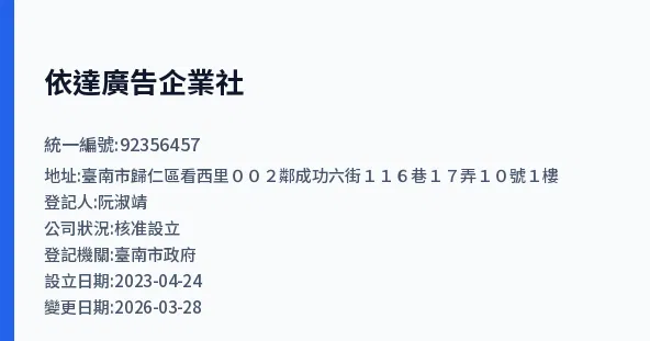 依達廣告企業社的照片-統編 92356457(臺南市) 公司登記資料與營業項目詳細圖表