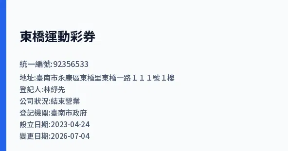 東橋運動彩券的照片-統編 92356533(臺南市) 公司登記資料與營業項目詳細圖表
