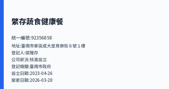 綮存蔬食健康餐的照片-統編 92356858(臺南市) 公司登記資料與營業項目詳細圖表
