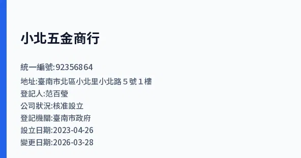 小北五金商行的照片-統編 92356864(臺南市) 公司登記資料與營業項目詳細圖表