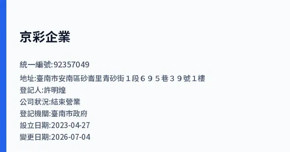 京彩企業的照片-統編 92357049(臺南市) 公司登記資料與營業項目詳細圖表