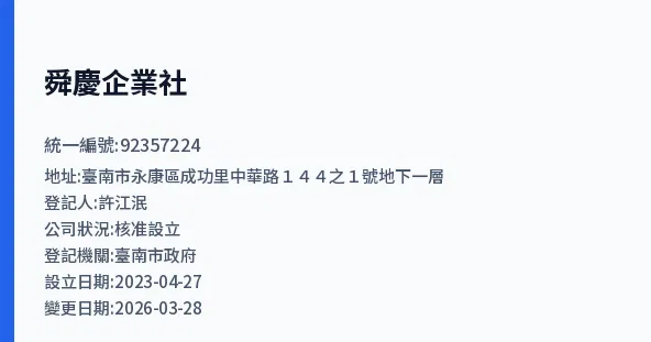 舜慶企業社的照片-統編 92357224(臺南市) 公司登記資料與營業項目詳細圖表
