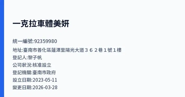 一克拉車體美妍的照片-統編 92359980(臺南市) 公司登記資料與營業項目詳細圖表