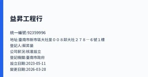 益昇工程行的照片-統編 92359996(臺南市) 公司登記資料與營業項目詳細圖表