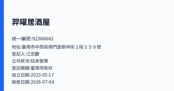 羿曜居酒屋的照片-統編 92360662(臺南市) 公司登記資料與營業項目詳細圖表